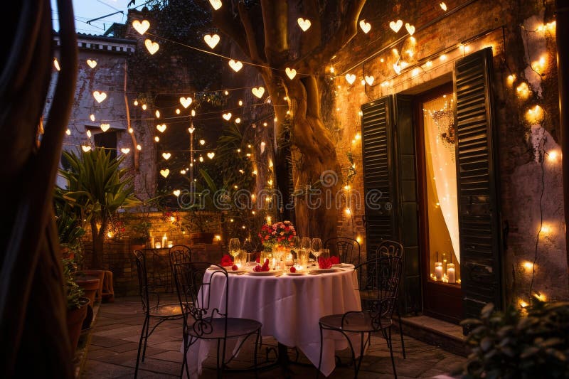 A Table Covered with a White Tablecloth Adorned with Lights Creating a ...