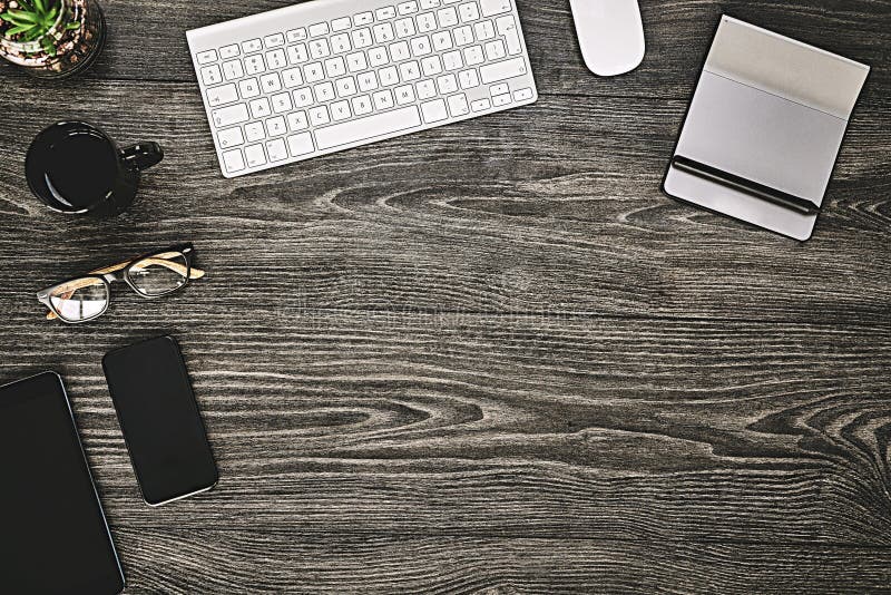 Table, Creative and Workstation with Keyboard, Flat Lay and High Angle ...