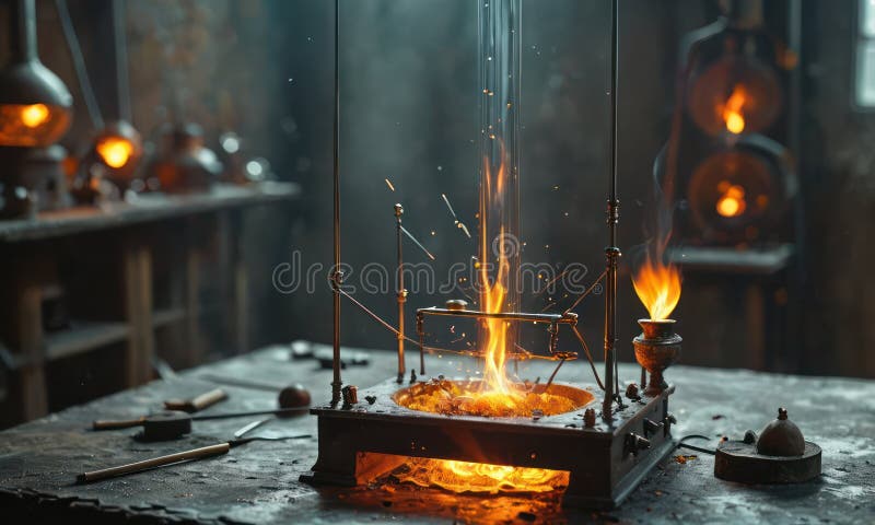 A Table with a Crucible on it, with a Fire Burning in it. Stock ...