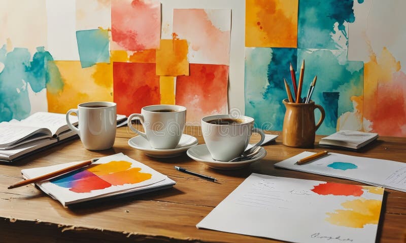 Table with Cup, Pen, and Notebook Stock Illustration - Illustration of ...