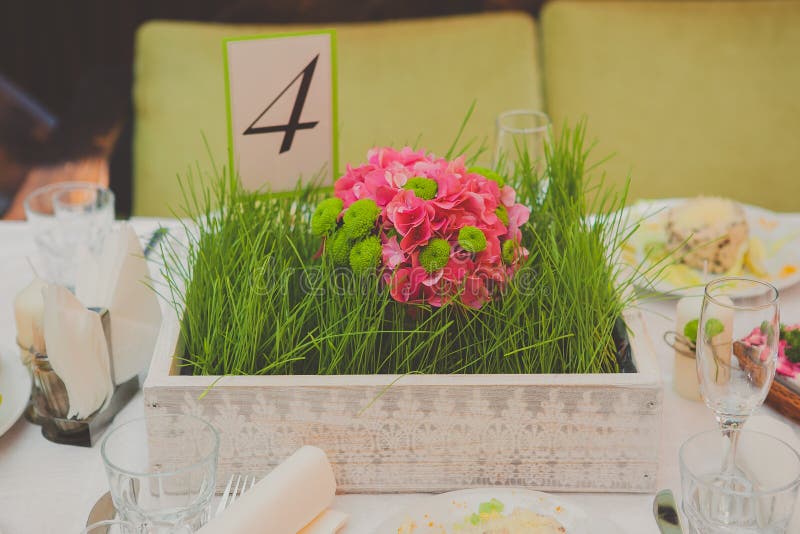 Table Decor with Flowers Table Numbers Stock Photo - Image of floral ...