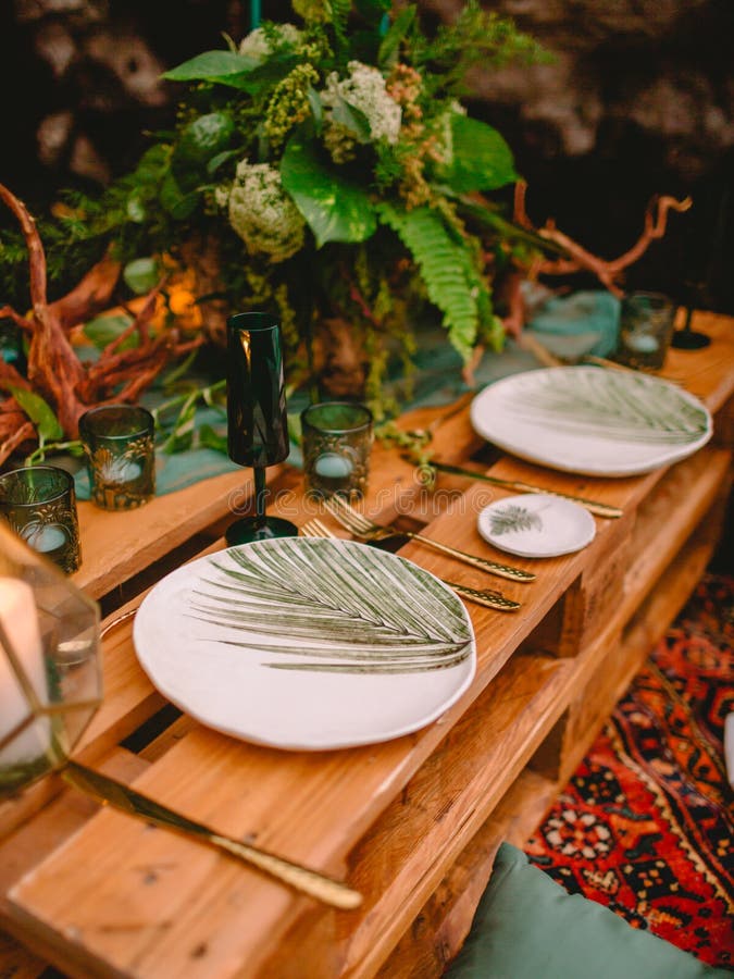 Table with Decor, Plates, Candles and Floristic. Wedding Dinner Stock ...
