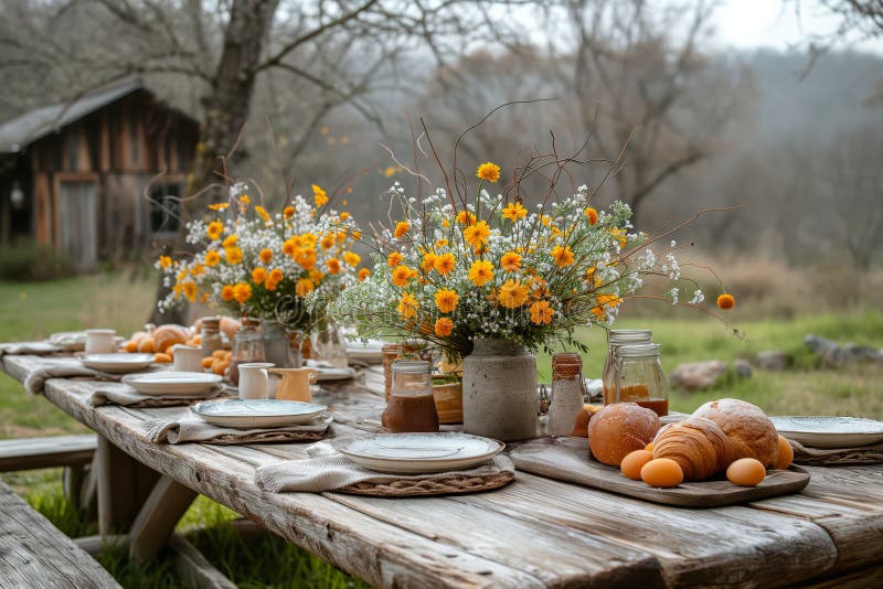 A Table Decorated with Wildflowers and Eggs Reflecting Spring S ...