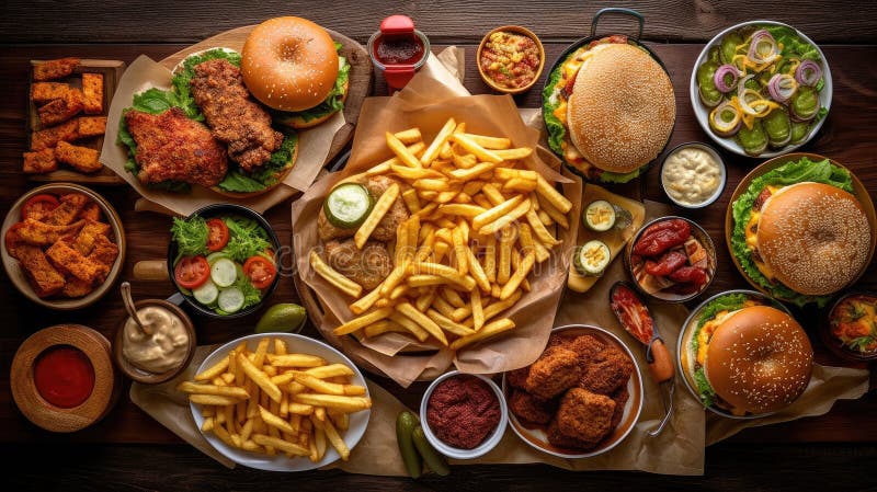 Table or Delivery Foods Scene of Assorted Take Out. Fast Food Flatlay ...