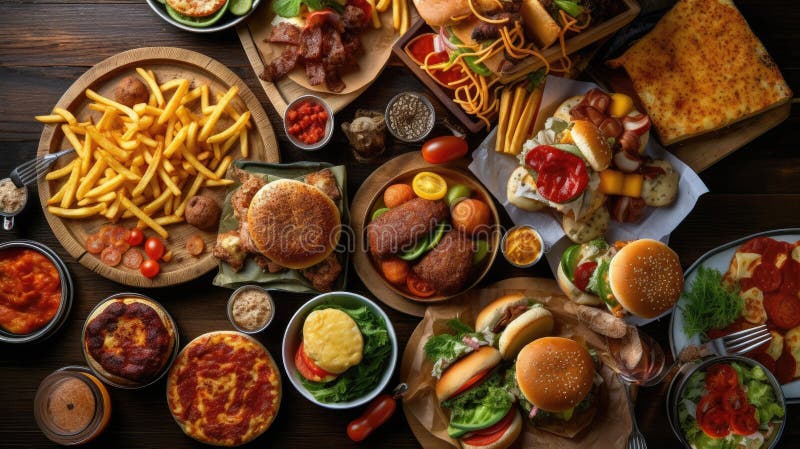 Table or Delivery Foods Scene of Assorted Take Out. Fast Food Flatlay ...