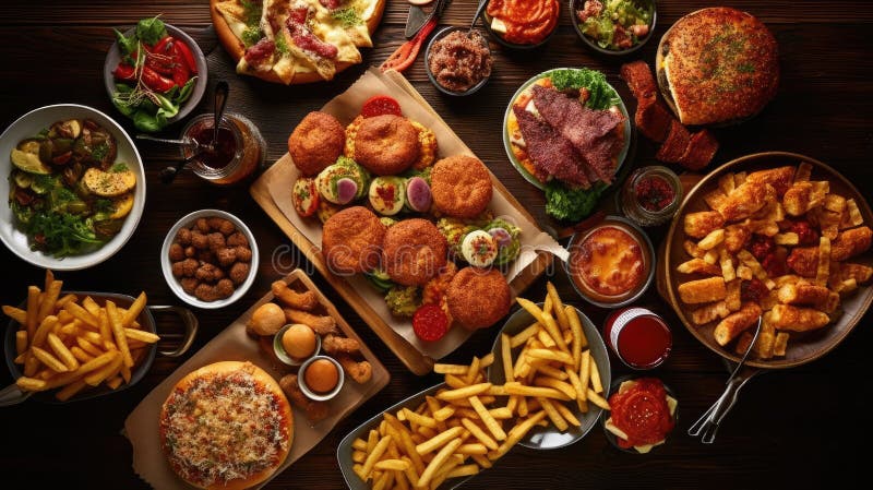 Table or Delivery Foods Scene of Assorted Take Out. Fast Food Flatlay ...