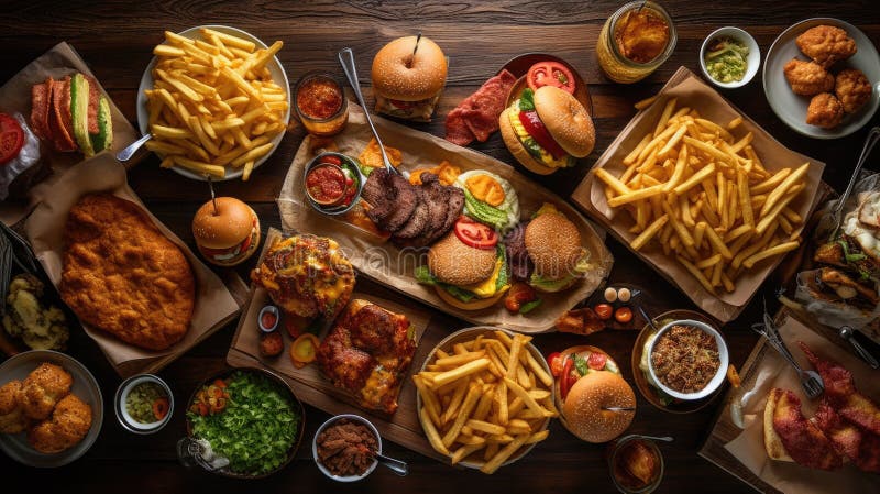 Table or Delivery Foods Scene of Assorted Take Out. Fast Food Flatlay ...