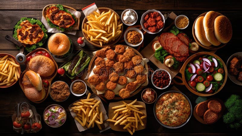 Table or Delivery Foods Scene of Assorted Take Out. Fast Food Flatlay ...