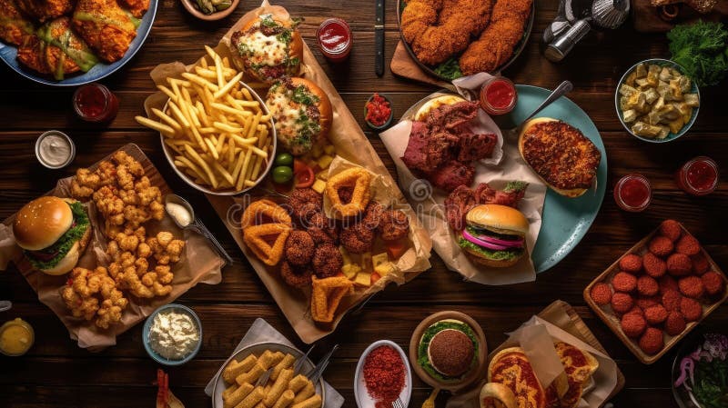 Table or Delivery Foods Scene of Assorted Take Out. Fast Food Flatlay ...