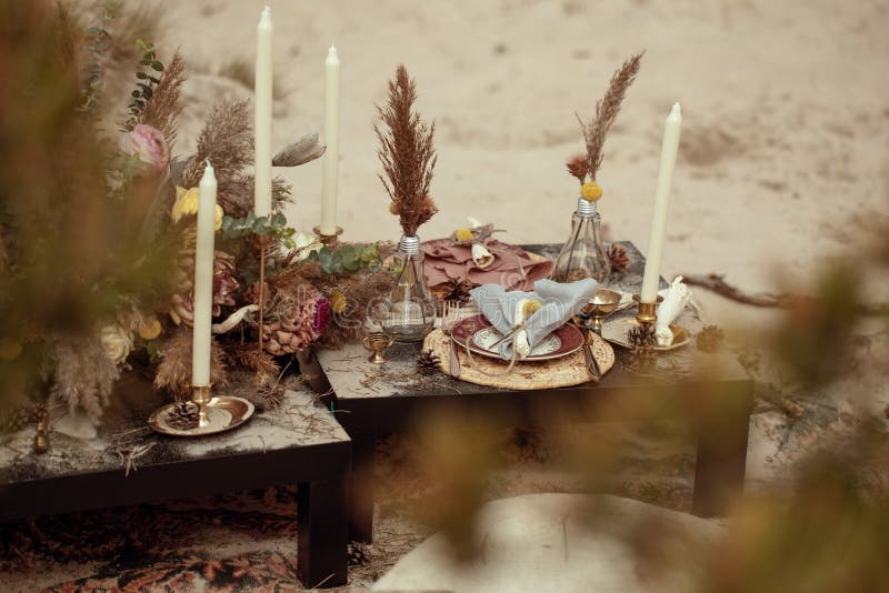 A Table Designed for a Boho Style Event with an Eucalyptus, Vintage ...