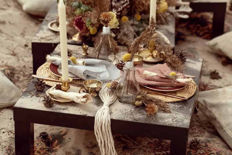 A Table Designed for a Boho Style Event with an Eucalyptus, Vintage ...