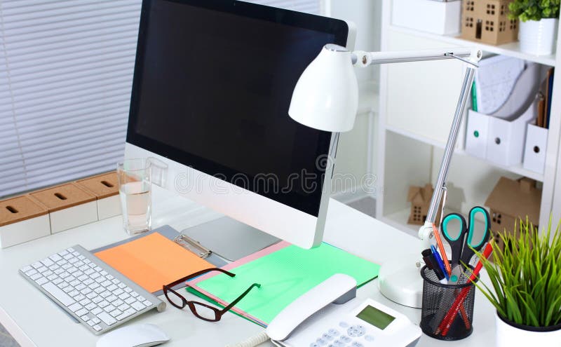Table Designer Working Space with a Computer and Paperwork Stock Photo ...