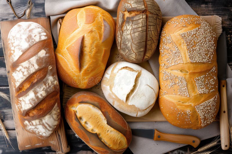 Table with Different Bread Loaves and a Bread Knife Stock Image - Image ...