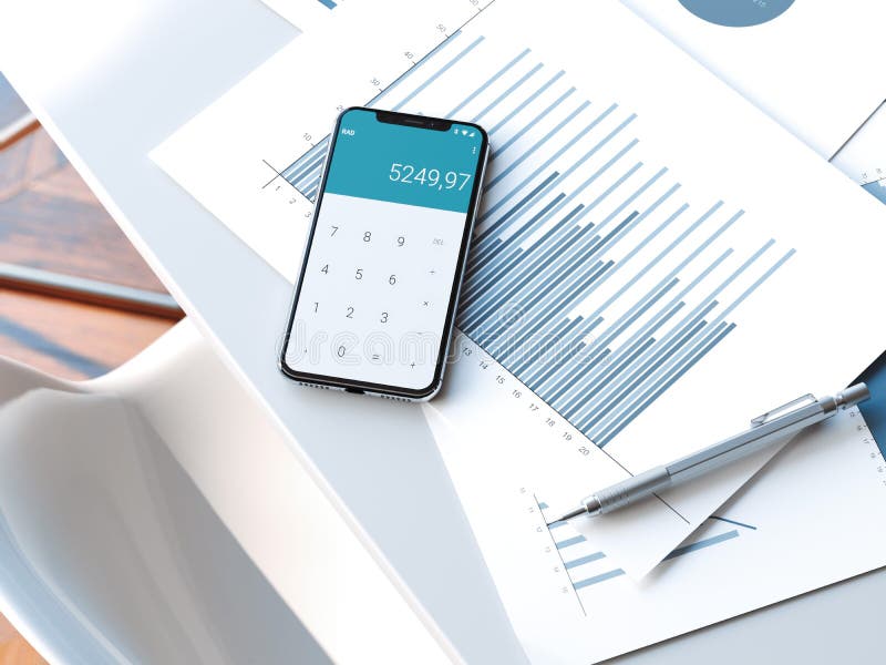 Table with Charts and Calculator on the Phone. 3d Rendering Stock Image ...