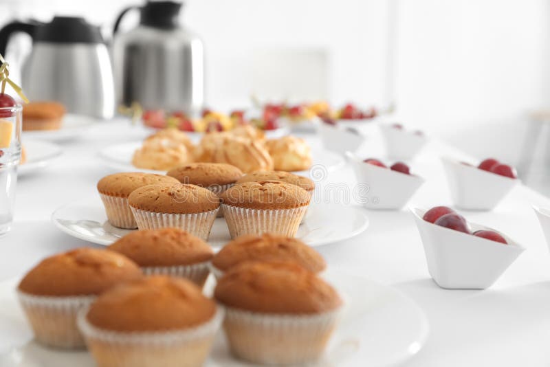 Table with Different Delicious Snacks Indoors. Coffee Break Stock Photo ...