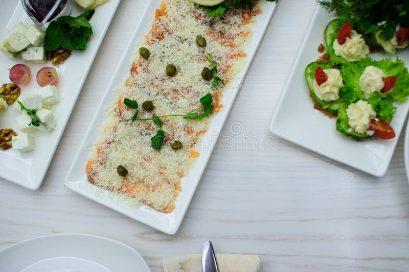 Table with Different Food on it Stock Photo - Image of rustic, grilled ...