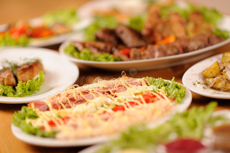 Table with Different Food on it Stock Photo - Image of view, lunch ...