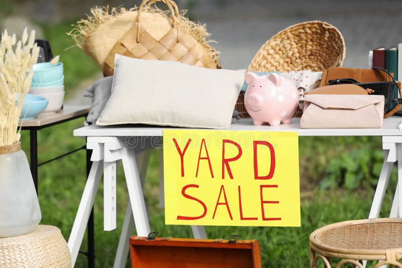 Table with Different Stuff and Sign Yard Sale Outdoors Stock Photo ...