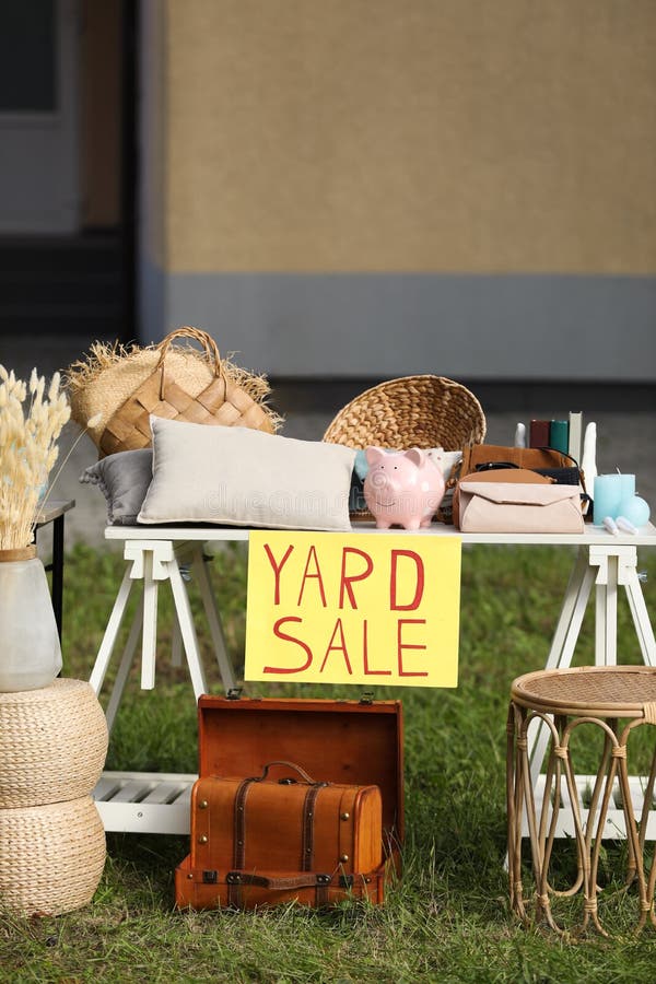 Table with Different Stuff and Sign Yard Sale Outdoors Stock Photo ...