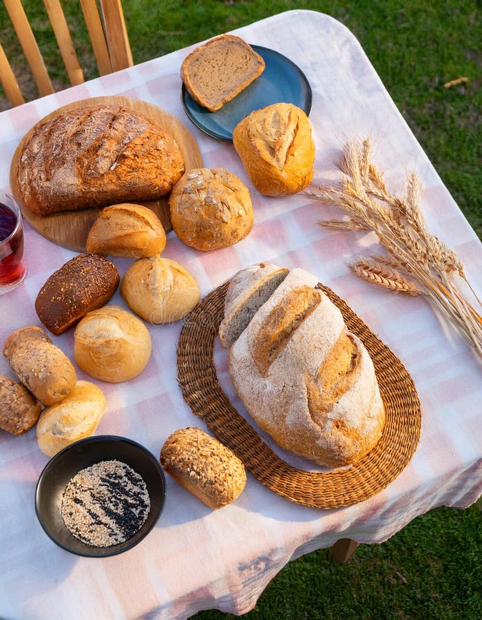 Table with Different Types of Bread, Outdoors, AI Generated Stock ...