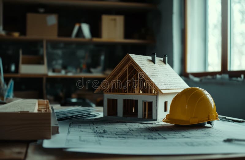 Table Display Featuring House Model, Yellow Helmet, and Construction ...