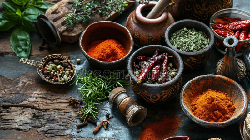 Table Display of Various Spice Bowls Stock Photo - Image of kitchen ...