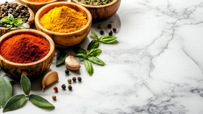 A Table Displaying Colorful and Scented Spices and Herbs Stock Image ...