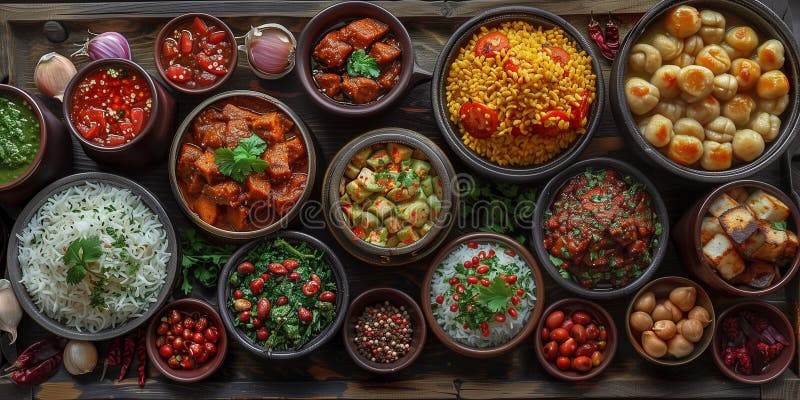 A Table Displaying a Variety of Foods from Different Cuisines Stock ...