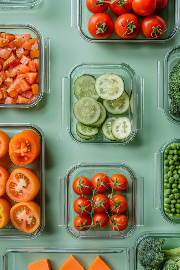 A Table Displaying a Variety of Vegetables Stored in Clear Plastic ...