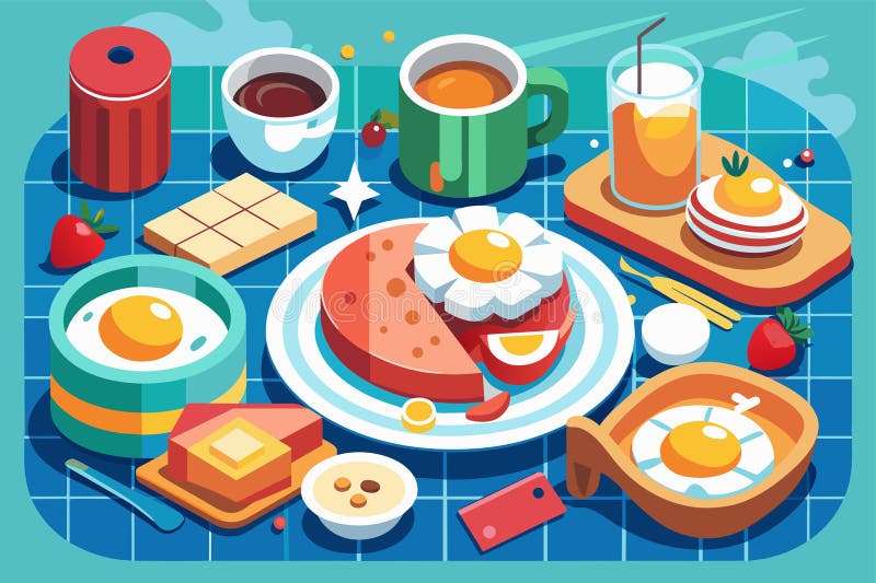 A Table Displaying Various Plates of Food and Glasses Filled with ...