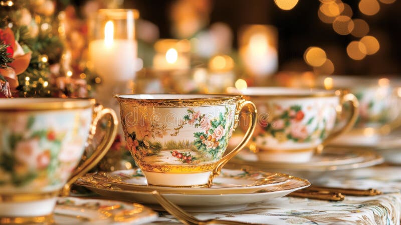 A Table Displays an Arrangement of Cups, Saucers, and Candles for a ...