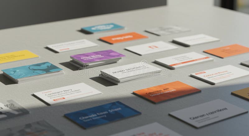 A Table Displays an Array of Business Cards Organized in Rows and ...