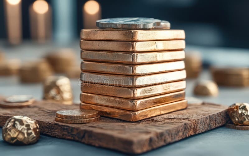 A Table Displays a Stack of Gold Bars Alongside a Single Gold Coin ...