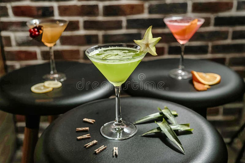 Three Cocktails Arranged on Tabletop Stock Photo - Image of industry ...