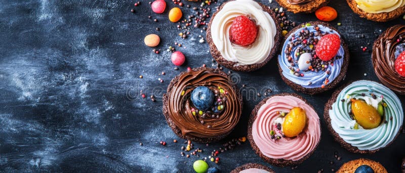 A Table Displays Various Cupcakes Adorned with an Array of Colorful ...