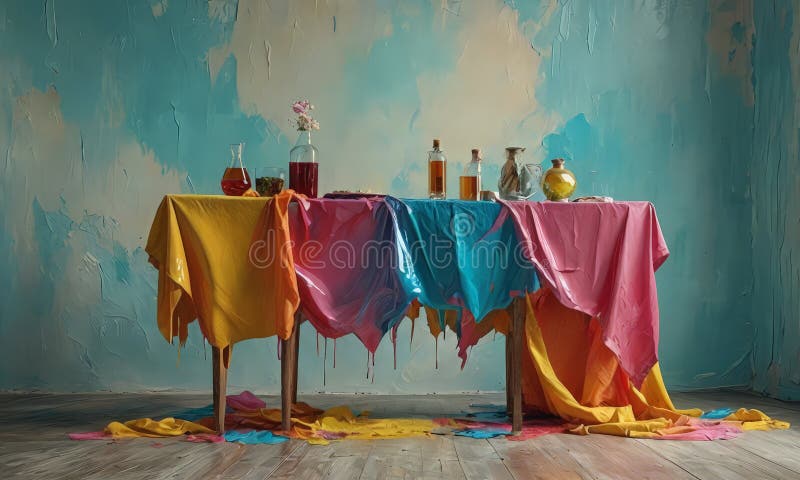 Table Draped in Vibrant Tablecloth, Adorned with Bottles and Vase, Sits ...