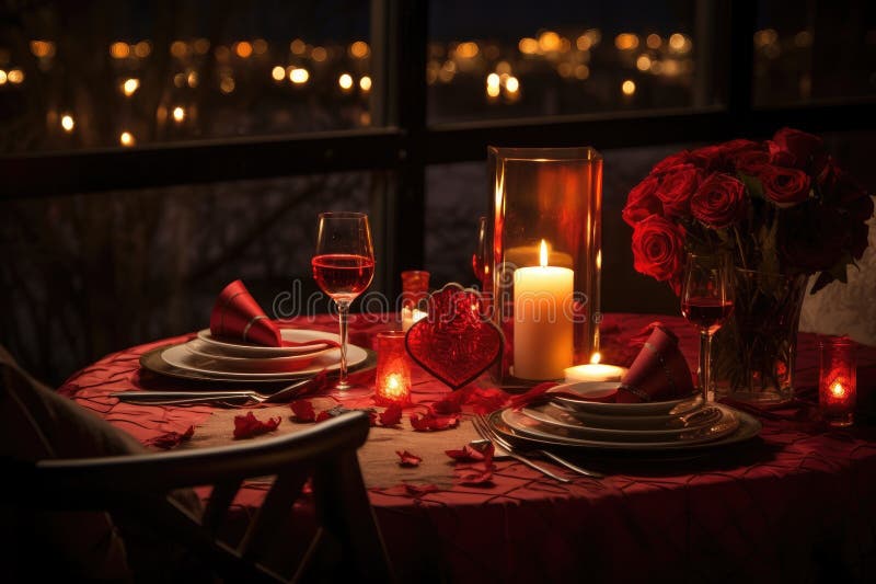 A Table is Elegantly Set with a Candle, Plates, and Glasses, Creating a ...
