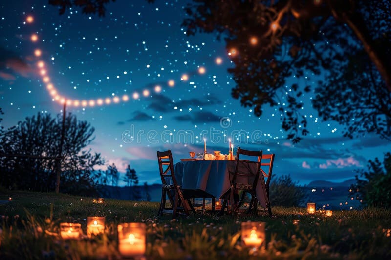 A Table Elegantly Set Up for a Dinner Under a Star-filled Night Sky ...