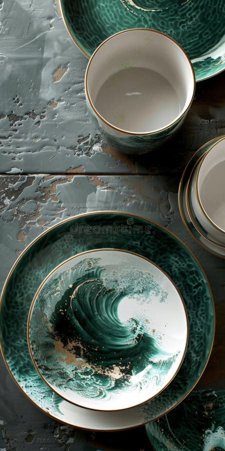 Table Set with Green and White Designer Plates Stock Illustration ...