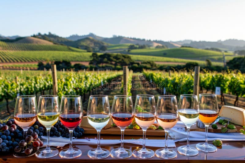 Table Elegantly Set with Various Types of Wine Glasses, Each Containing ...