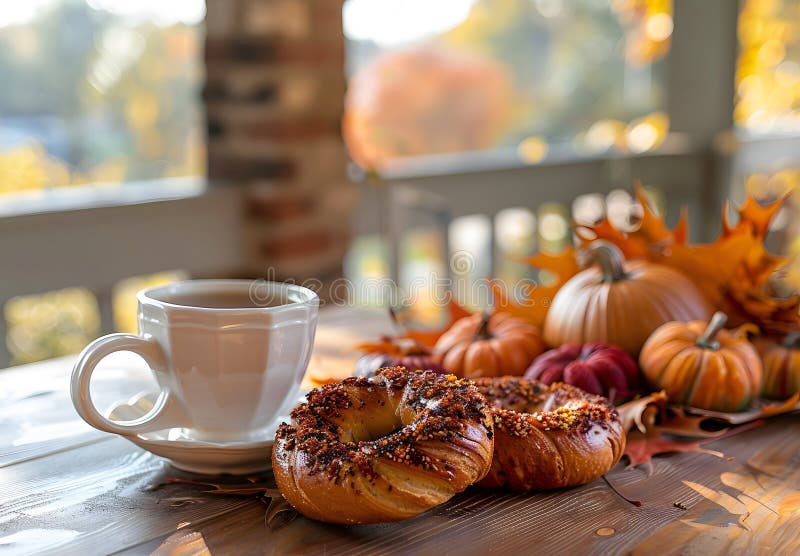 Autumn Coffee Break with Bagels and Pumpkins Stock Illustration ...