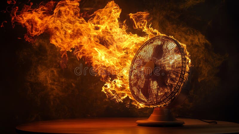 A Table Fan with Fire Coming Out of it, Hot Weather Concept Stock ...