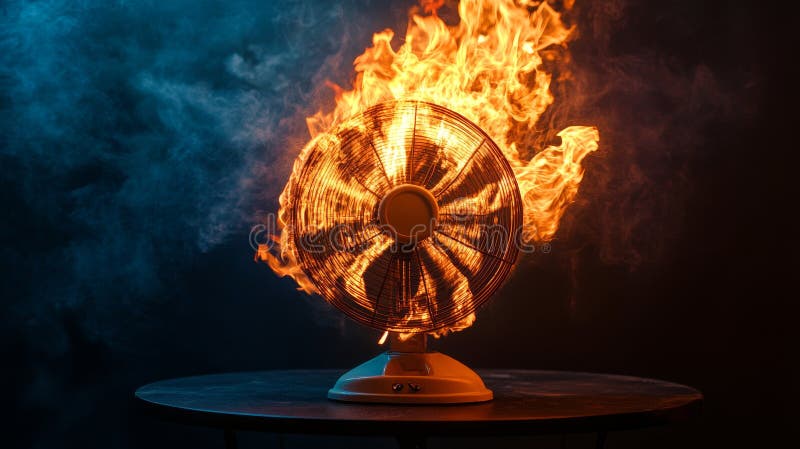 A Table Fan with Fire Coming Out of it, Hot Weather Concept Stock ...