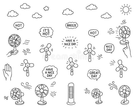Table Fan, Hand Fan in Doodle Style. Modern Fan of Different Types ...