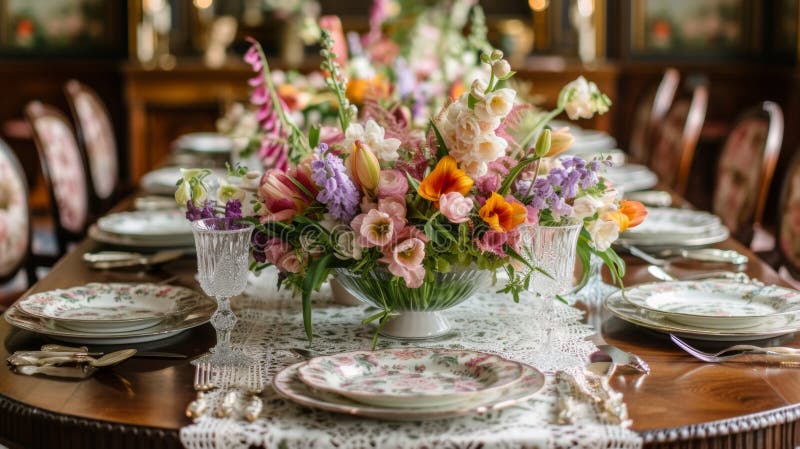 A Table with a Fancy Dinner Setting and Flowers on it, AI Stock ...