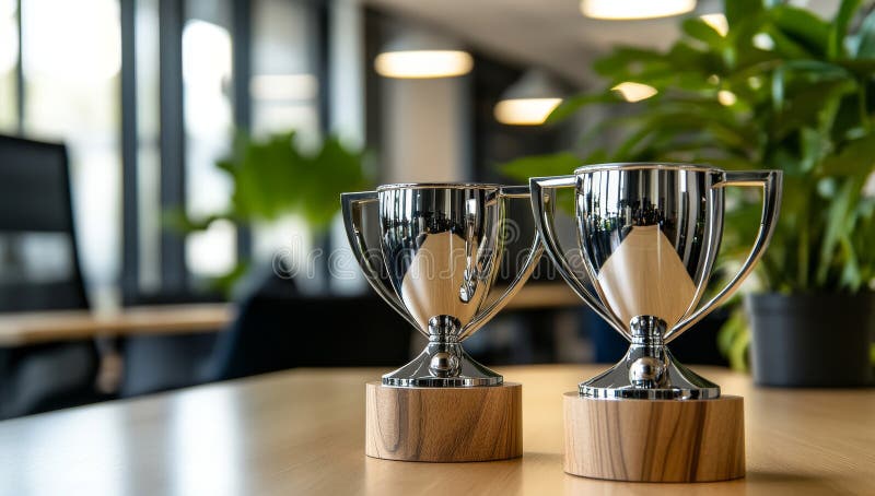 A Table Features Three Potted Plants Housed in Trophy-style Containers ...