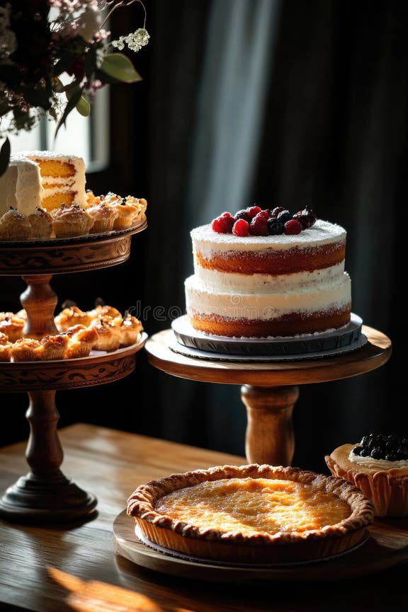 A Table Featuring a Multi-tiered Dessert Display with Various Cakes and ...