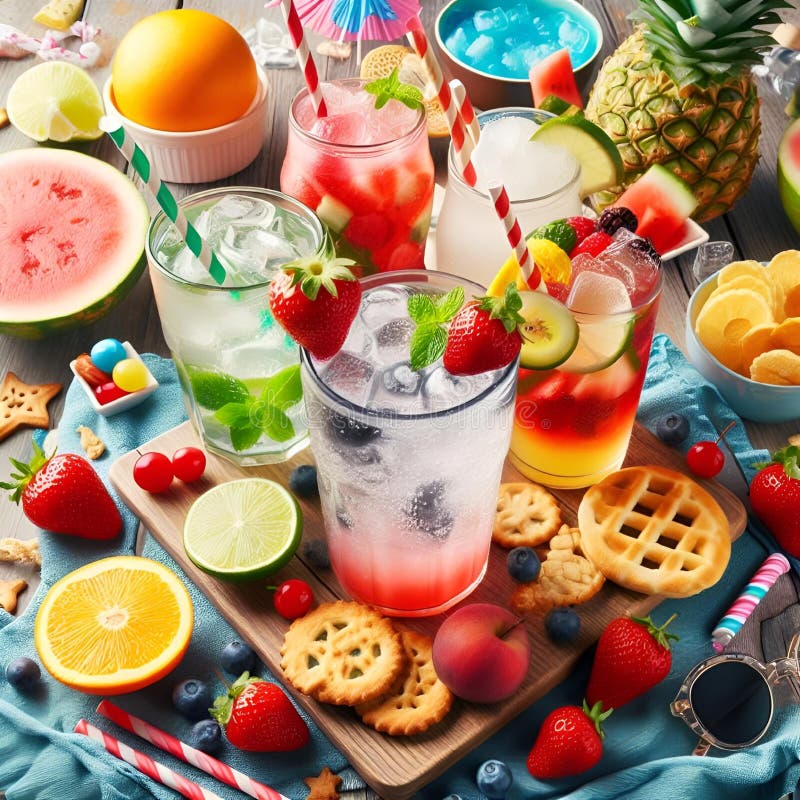 A Table Filled with Assorted Fruits and Drinks, Including Strawberries ...