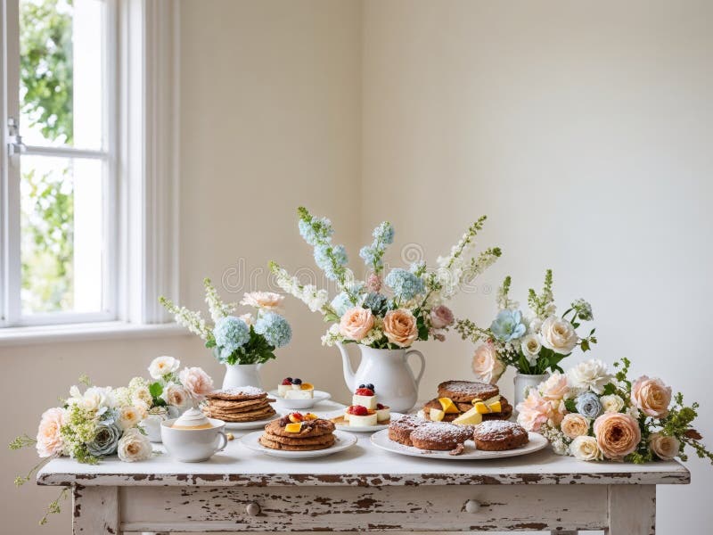 A Table Filled with Breakfast Foods and Surrounded by Fresh Flowers ...