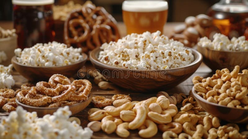 A Table Filled with Different Types of Snacks Including Nuts Pretzels ...